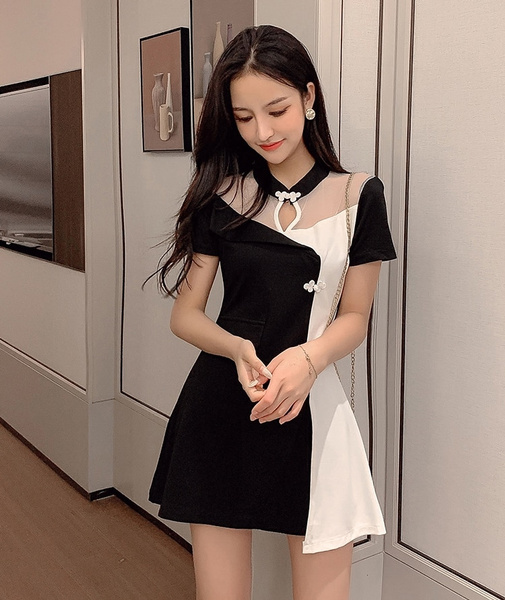 Korean Summer Dress Women Knitted Turtleneck Patchwork Hit Color White ...