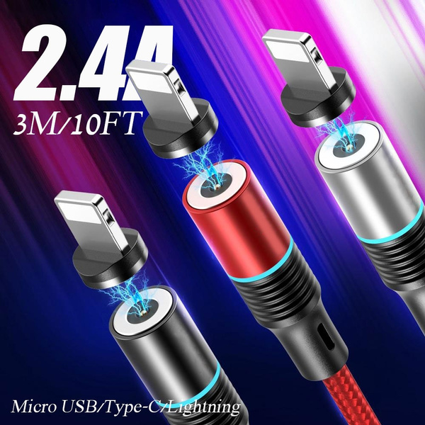 3M/10FT LED Round Magnetic Charger Cable 2.4A Fast Charging Cable Micro ...