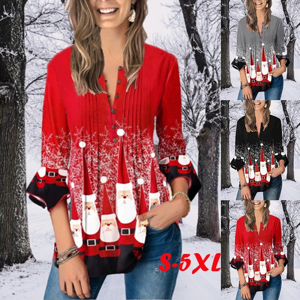Women Autumn Santa Claus Print Tunic Ruffle Bell Sleeve Tops Christmas ...