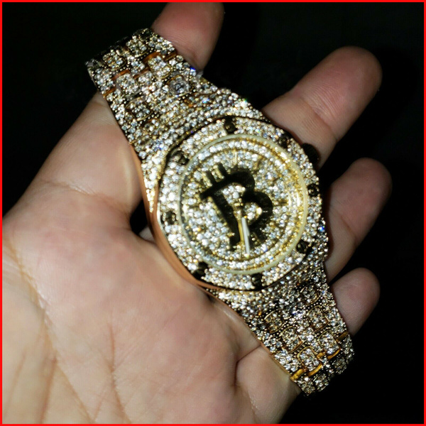 Men's 14K Gold Plated Iced Luxury BITCOIN Rapper's Metal Band Dress ...