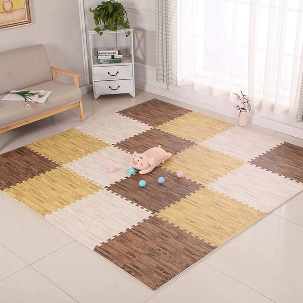 Wood Texture Puzzle Playmat 9 Tiles (Each Tail 12") Safe Soft Foam Baby ...