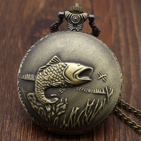 Vintage Pocket Watches Fishing Fish Fob Watch For Men Woman Clock Retro ...