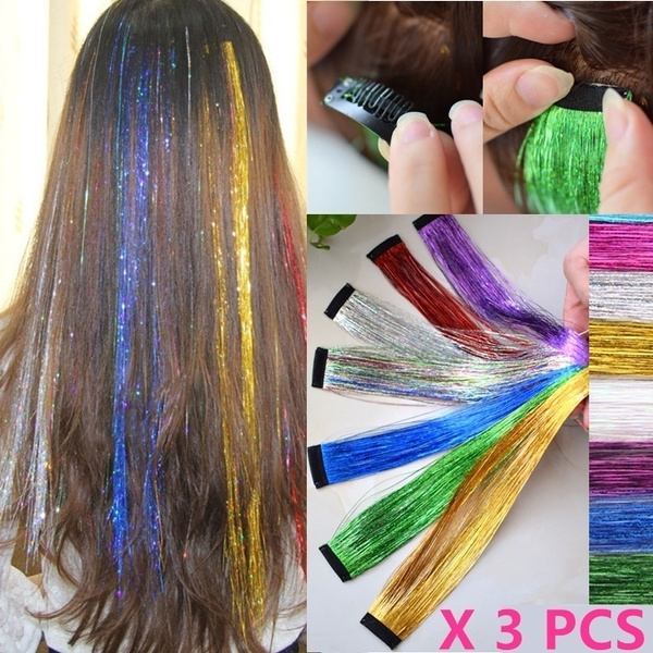 3 Pcs/Lot Glitter Color Hair Extension Hair Sparkling Fashion Hair ...