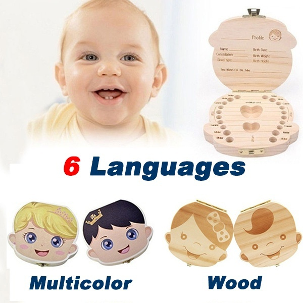 Wood/Multicolor Baby Tooth Organizer Box Teeth Keepsake Grow-Up Memory ...