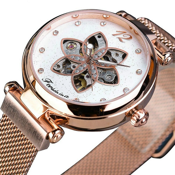 FORSINING Women's Mechanical Watch Crystal Flower Dial Design Mesh Band ...