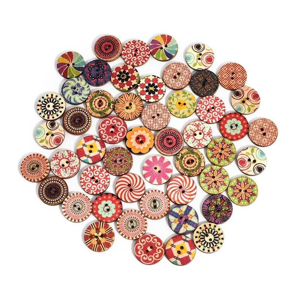 Vintage Wooden Disc Prints Floral Buttons with 2 Holes for DIY Sewig ...