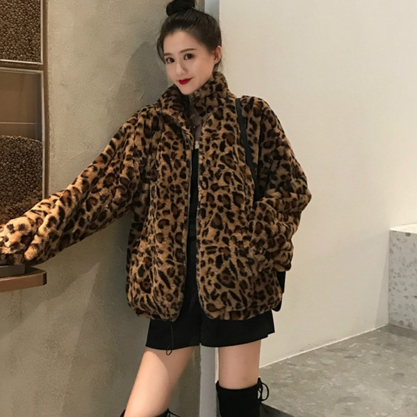 Women Leopard Print Fleece Coat Fluffy Jacket Drawstring Overcoat Loose ...
