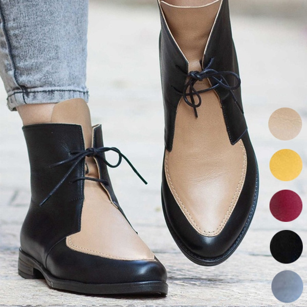Fashion Women's Lace Up Short Boots Patchwork Color Flat Shoes Soft ...