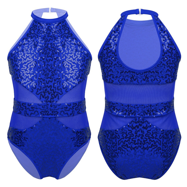 Kids Girls Mesh Splice Cutout Back Sequin Gymnastics Ballet Dance ...