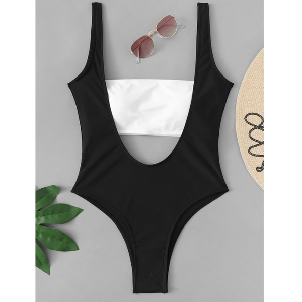 Women's One-Piece Swimsuit Black and White Contrast Swimsuit | Wish