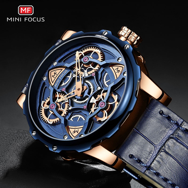 Blue leather quartz watches MINI focus luxury sports wristwatch for men ...