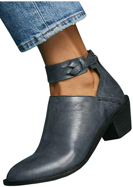 Women’s Ankle Booties Straps Cut Stacked Block Heel Pointed Toe Zipper ...