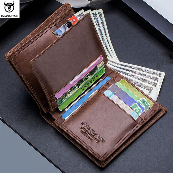 BULLCAPTAIN Men Genuine Leather Wallet Photo Holder Short Vertical ...