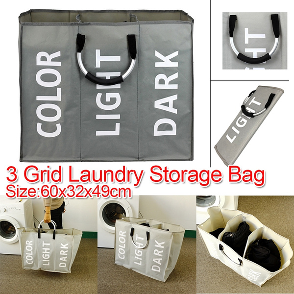 Washing Clothes Bin Sorter Bag Hamper Storage 3 Grid Portable Laundry ...