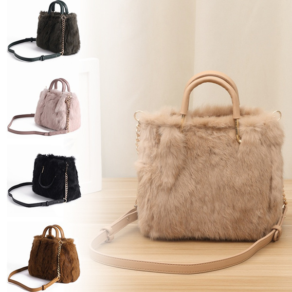 Womens Girls Trendy Faux Rabbit Fur Clutch Shoulder Bag Purse Handbag ...