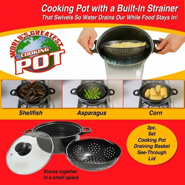 2-in-1 Cooking Pot with Strainer Food Stays In Water Drains Out Swivel ...