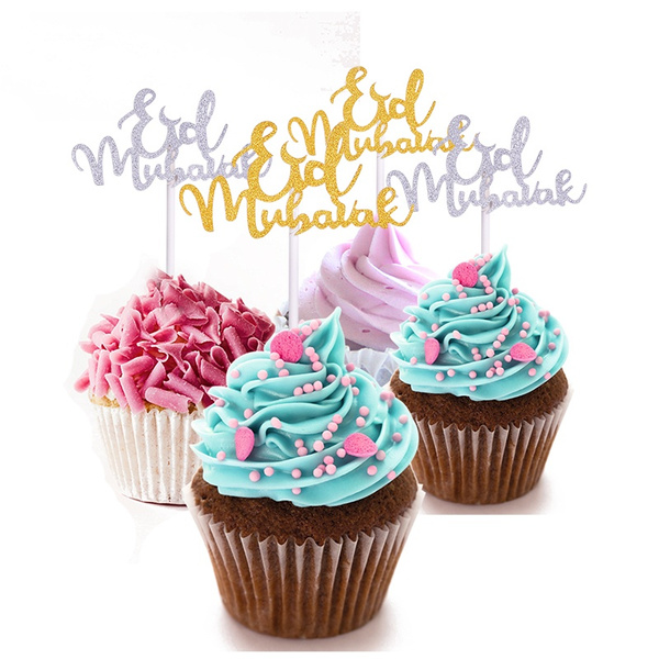 15pcs Ramadan Cake Topper Eid Mubarak Glitter Gold Paper Cupcake ...