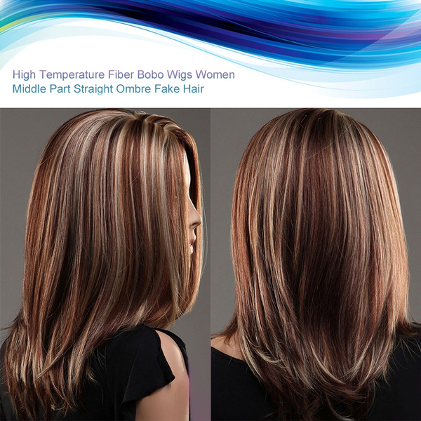 45cm Medium-Length Hair Bobo Wigs Women Middle Part Straight Ombre ...