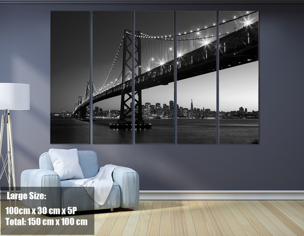 Large Size Night Bridge Wall Art Home Decoration Black White Design for ...