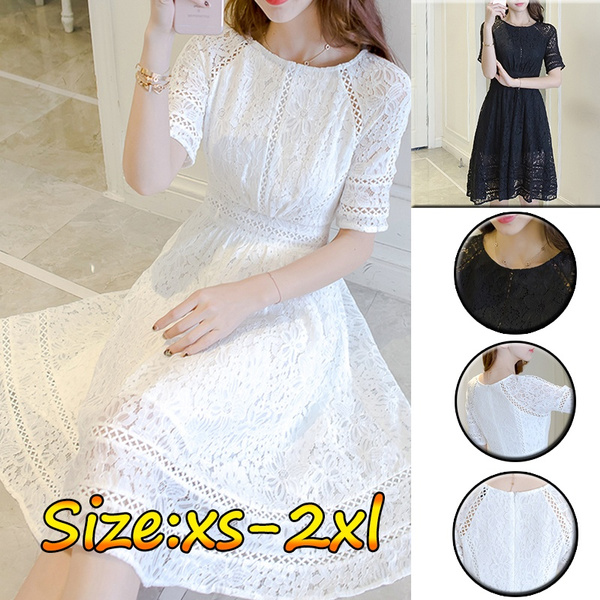 Lace Half Sleeve Retro Summer Flower White Dress Women Hollow Out Knee ...