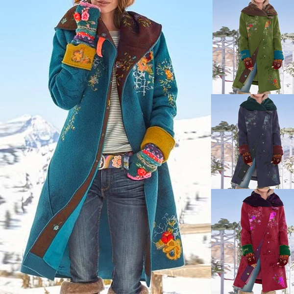 Women Retro Print Jacket Autumn Winter Warm Cape Shawl Coat Fashion ...