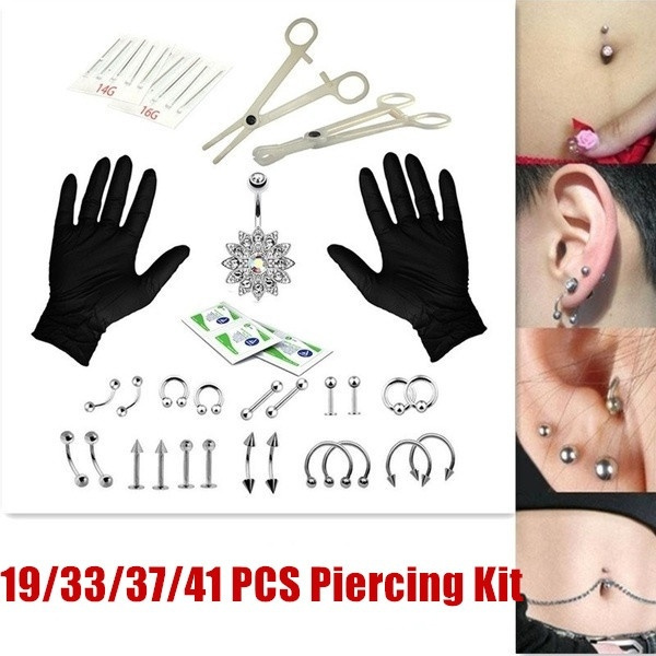 19/33/37/41 Pieces Professional Piercing Kit (Belly Rings Dangle Tongue ...