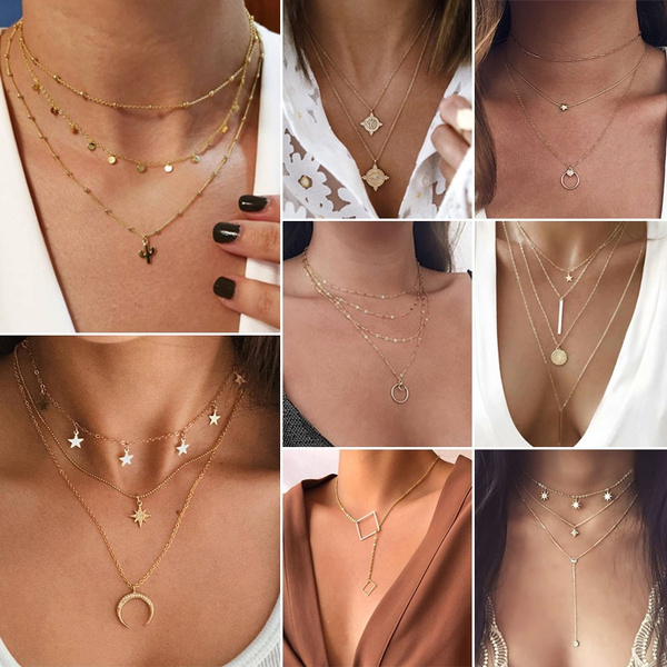 Bohemian Multilayer Necklaces Set Gold Color Long Chain Necklace ...