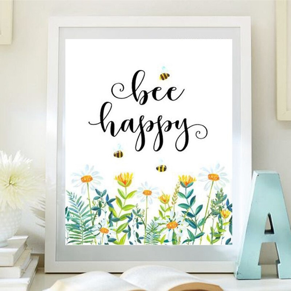 Bee Happy Nursery Quote Print Kids Wall Decor Watercolor Floral ...