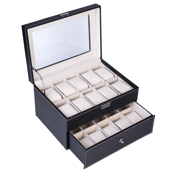 20 Compartments Dual Layers Elegant Wooden Watch Collection Box Black ...