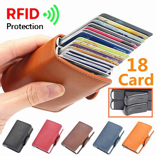 18 Card Slot RFID Double Aluminum Box Automatically Leather Wallet Card ...