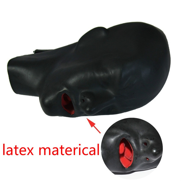 3D latex human mask hood closed eyes fetish latex hood with red mouth ...