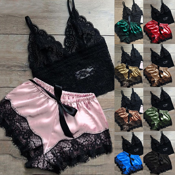 Sexy Women Lace V Neck Pajamas Set Lingerie Sleeveless Nightwear ...