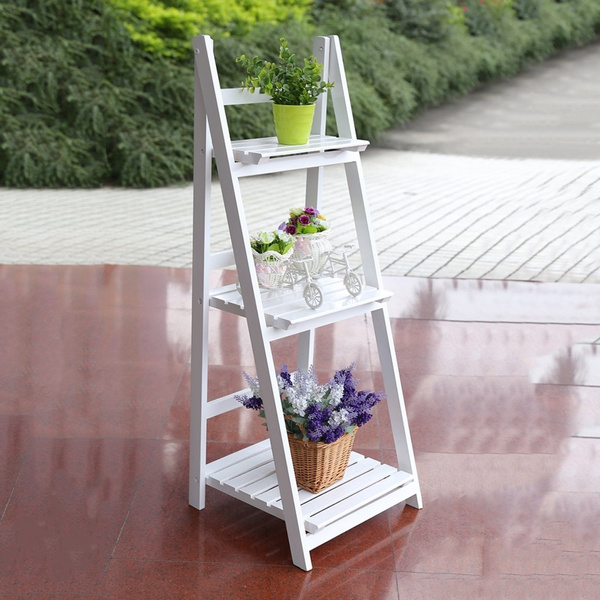 3 Tiers Display Rack Solid Wood Folding Ladder Racks Pure White Flower ...