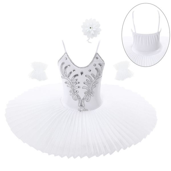 Girls 3Pcs White Swan Dance Costumes Stage Performance Outfits Sequins ...