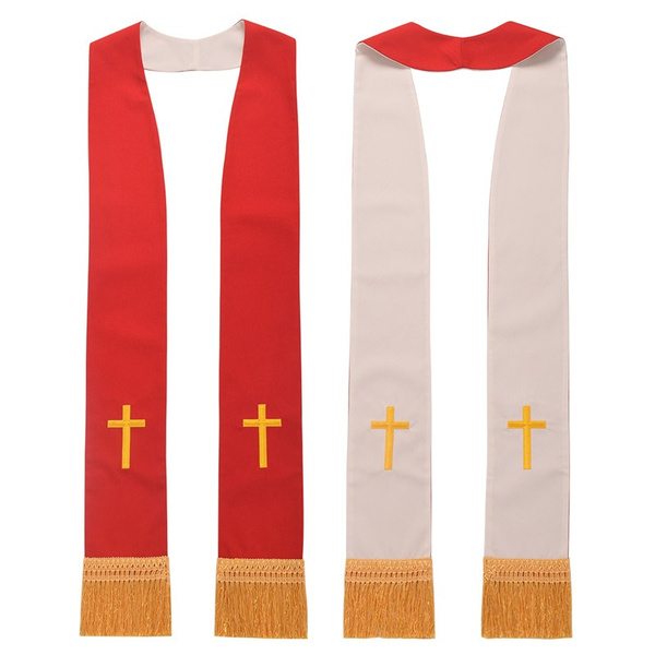 Red White Reversible Stole Church pastor Stole Gold Cross Tasseled ...