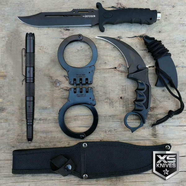 4pc BLACK Tactical Set REAL Handcuffs MULTITOOL Pen Fixed Blade ...