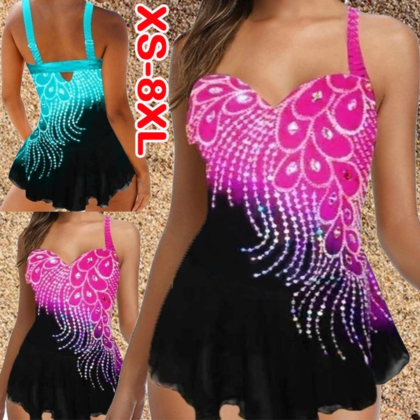 Plus Size Women's Fashion Peacock Pattern Two Pieces Swimwear Summer ...