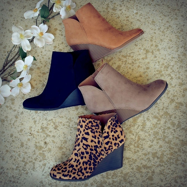 Autumn and Winter Women's Leopard Print Boots Wedge Platform Casual ...