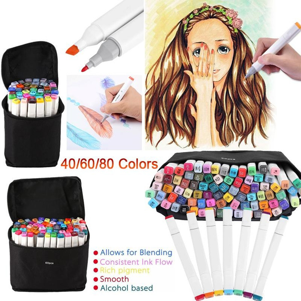 40/60/80 Colors Dual Tips Art Sketch Twin Marker Pens/Highlighters Set ...