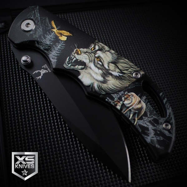 Black RAGING WOLF Spring Assisted Pocket Knife Wolves Wilderness 3D ART ...