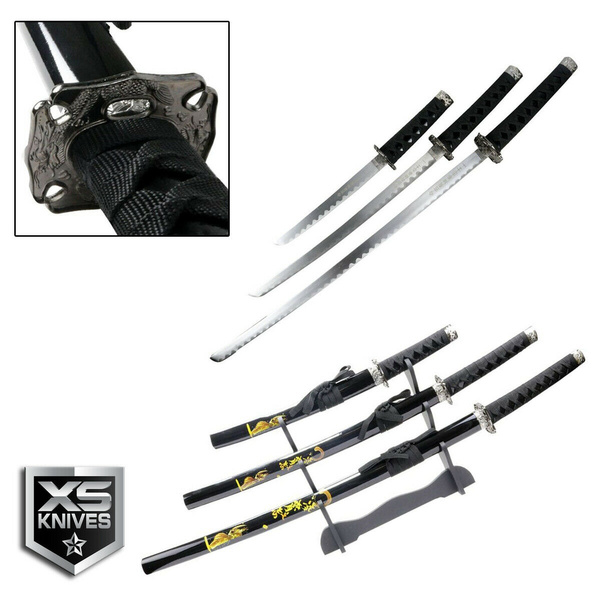 3pc SET 40" Black KATANA Swords NINJA Carbon Steel w/ Stand Collectible ...