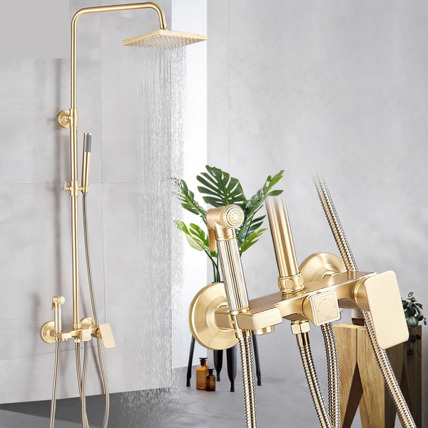 Brushed Gold Shower Set Bathroom Tub Shower Mixer Tap Rainfall Bath Shower Faucet Brass Bidet ...