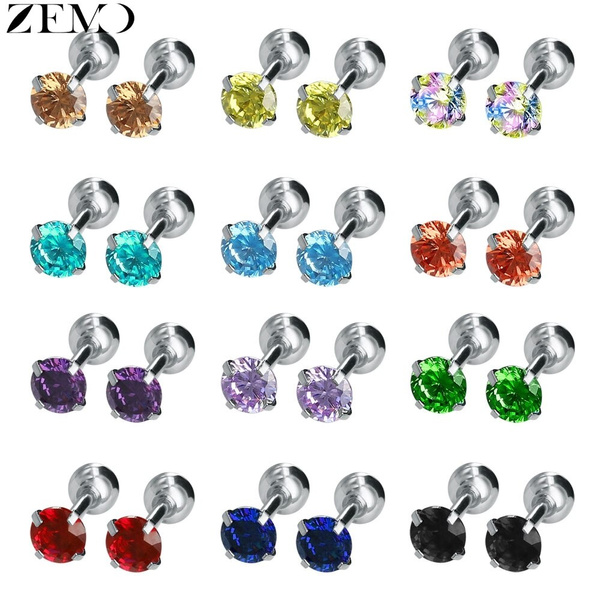 12 Pair/lot Mixed Color Zircon Small Children's Earring Stainless Steel ...