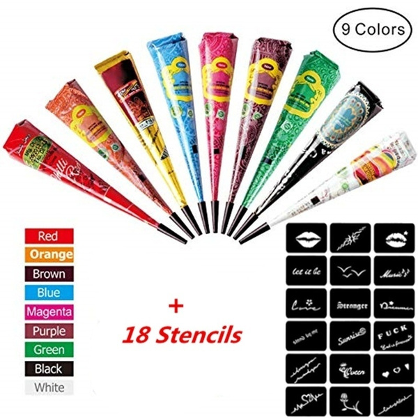 Henna Tattoos Kits -9 Colors Temporary Henna Tattoo Paste Cone with 18 ...