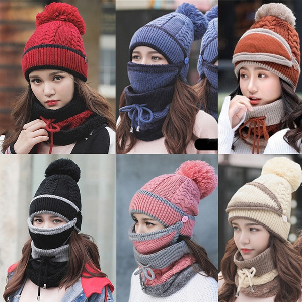 Women Winter Beanies Knitted Hat Thickened Woolen Cap with Warm Mask ...