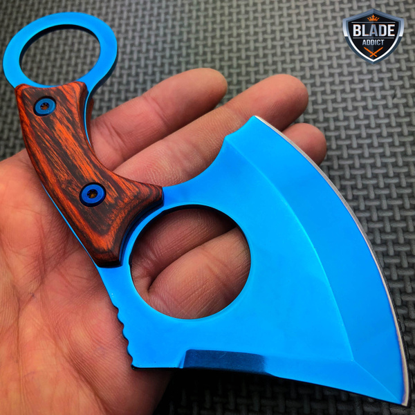 Straight Edge Fixed Blade BLUE Cleaver AXE TANTO Hunting Knife Karambit ...
