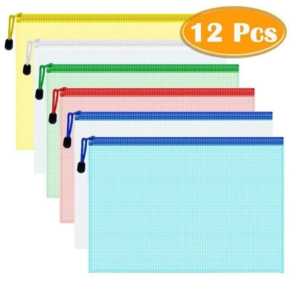 12Pcs A4 Size Zip File Document Bag Mesh File Folder School Office ...