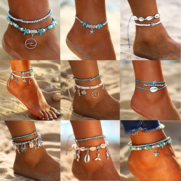 Bohemian Multiple Layers Starfish Turtle Beads Anklets For Women ...