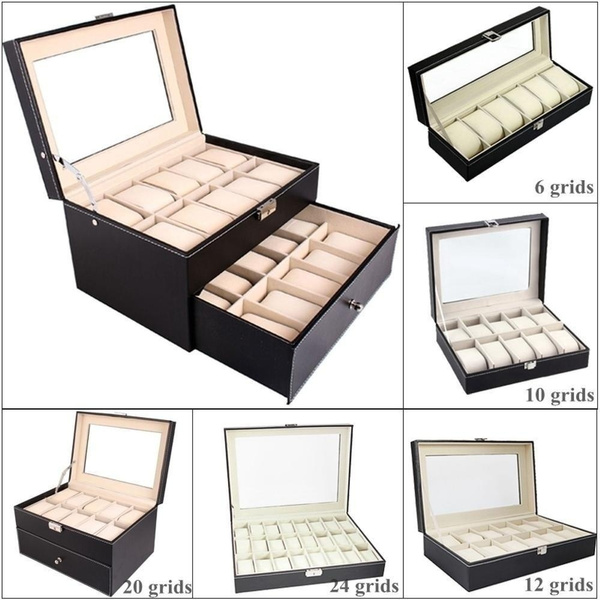 Hot Sale 6/10/12/20/24 Compartments Black Leather Watch Display Storage ...