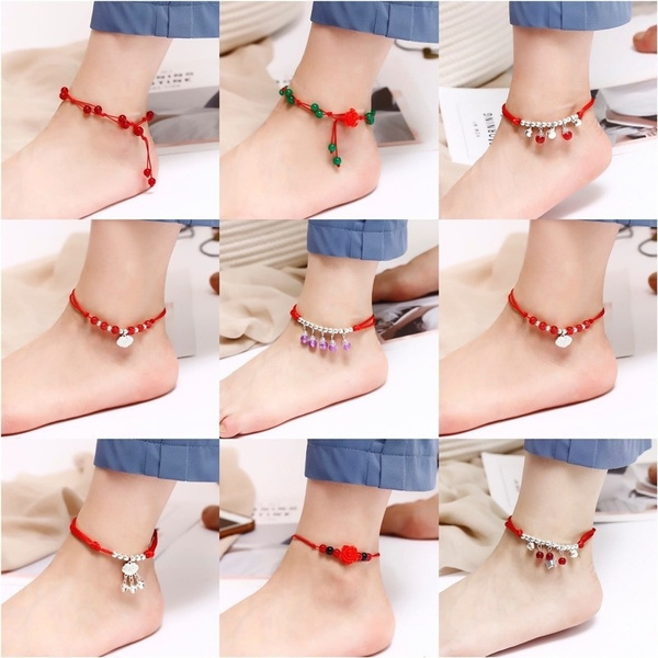 Fashion simple bell red rope anklet handmade woven retro ethnic style ...